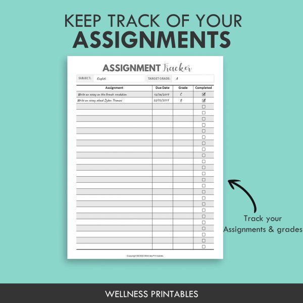 Assignment and Grade Tracker Printable - Wellness Printables