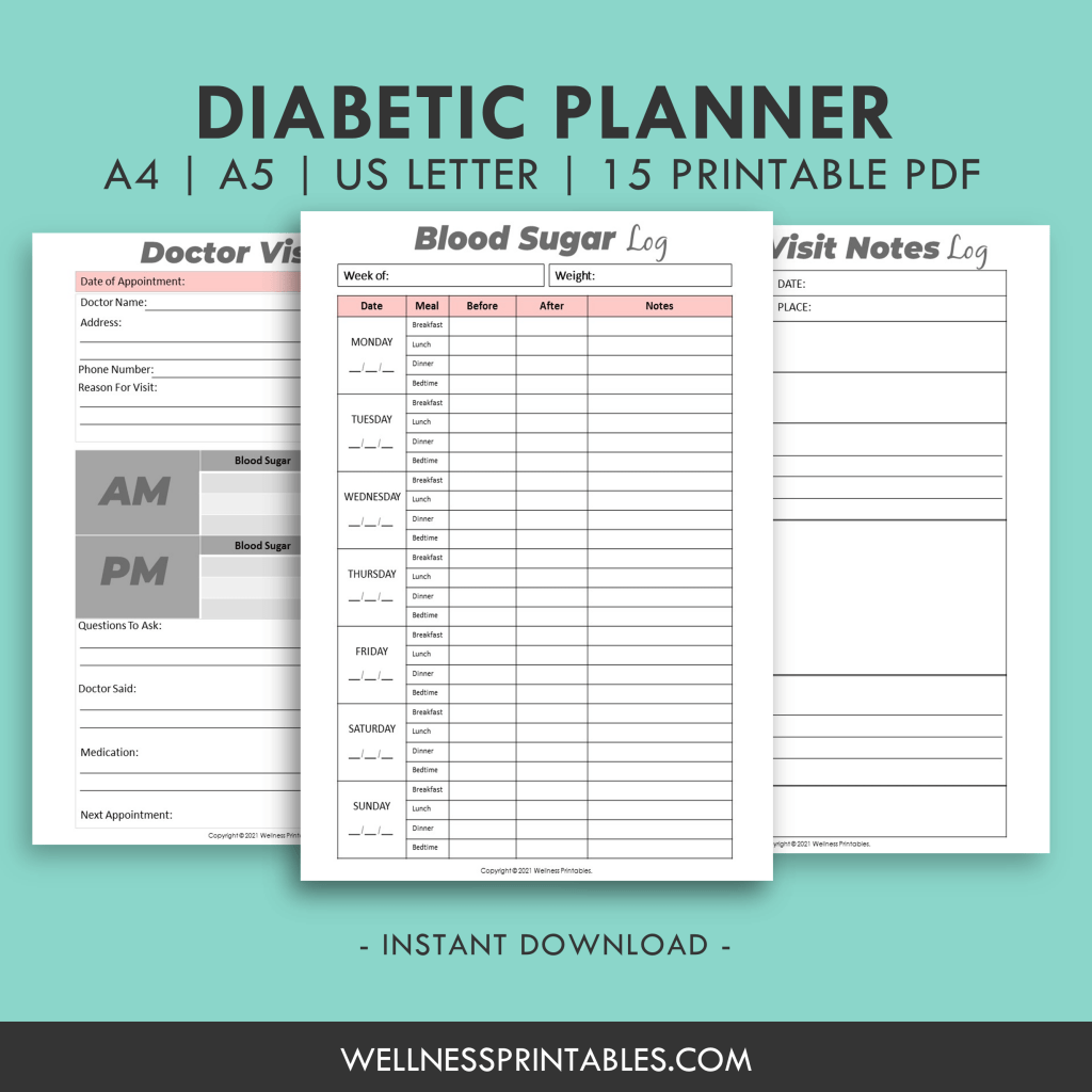 Blood Sugar Tracker Diabetic Planner - Wellness Printables