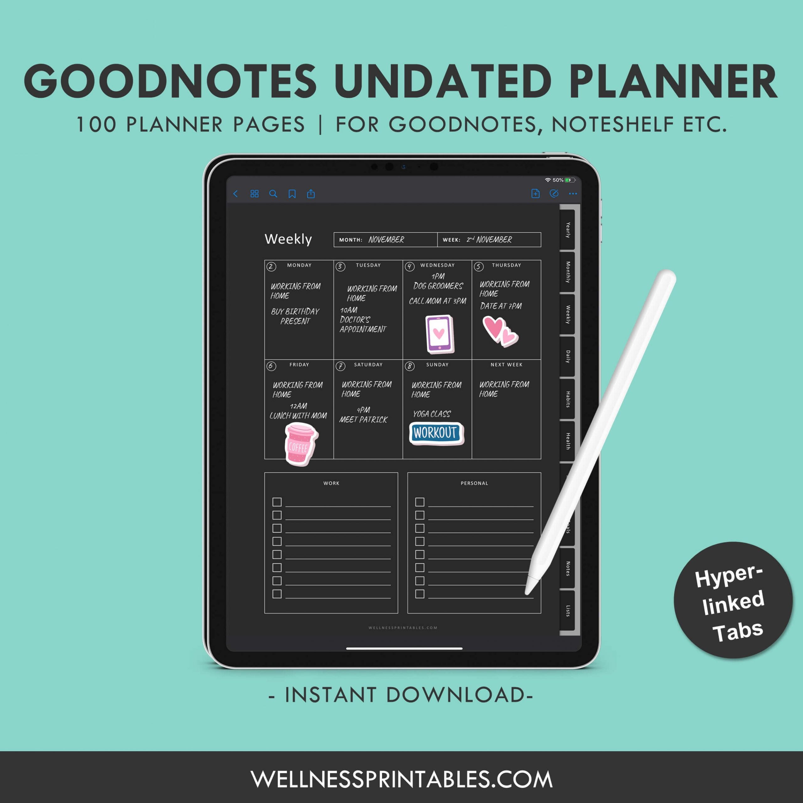 Goodnotes Template Black Undated Digital Planner - Wellness Printables